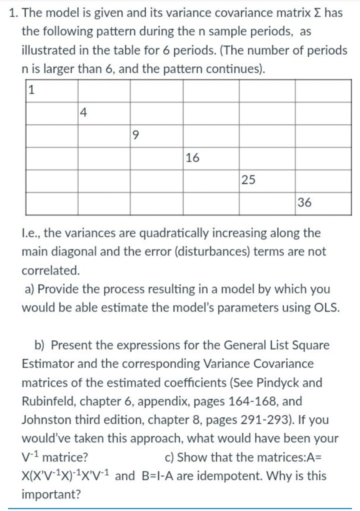 Solved 1. The model is given and its variance covariance | Chegg.com
