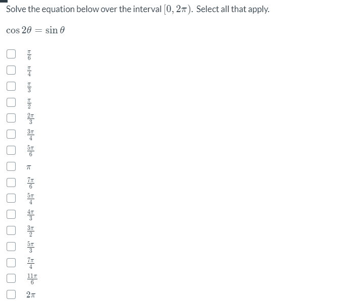 Solved Solve the equation below over the interval [0,2pi). | Chegg.com