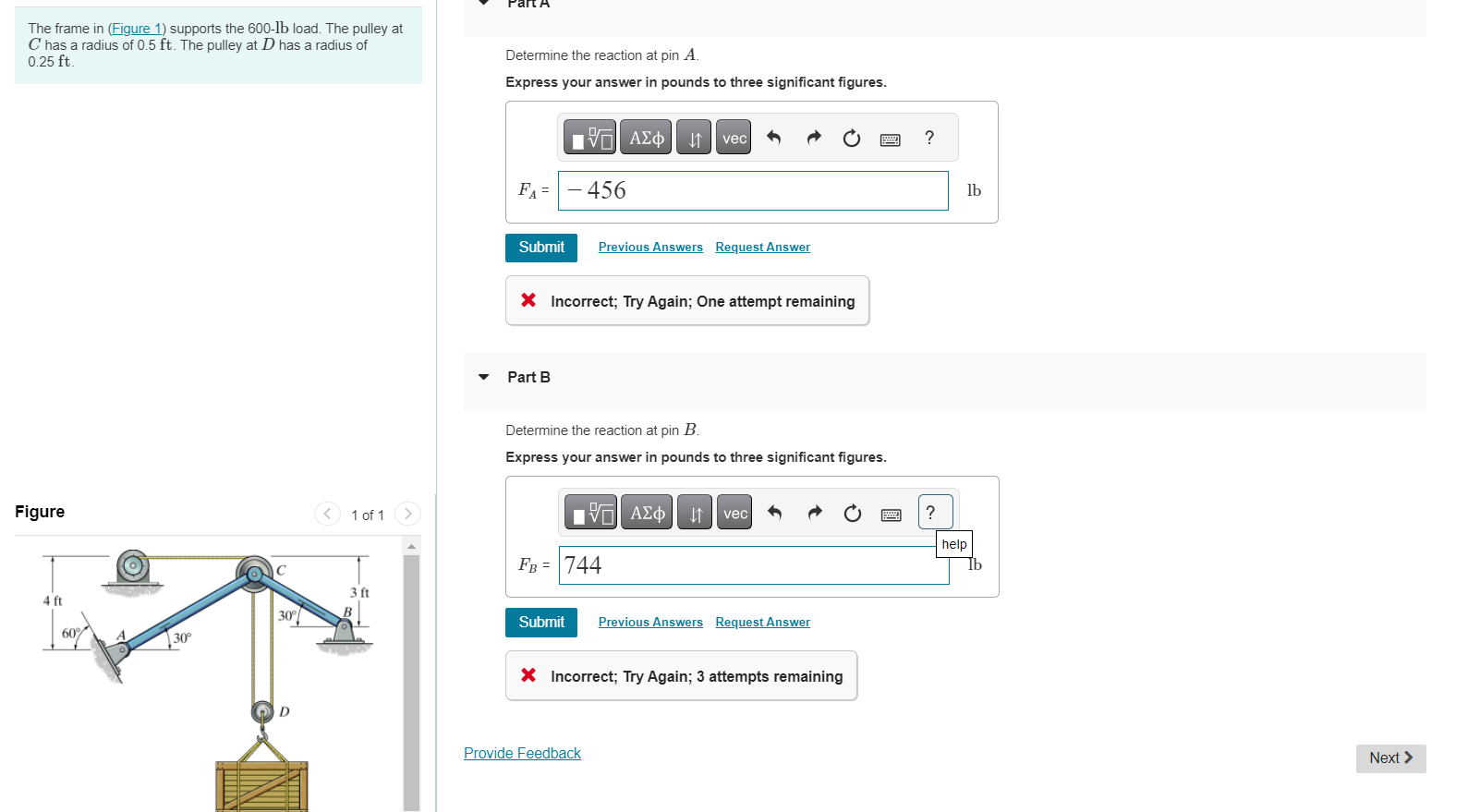 Solved The frame in (Figure 1) supports the 600-lb load. The | Chegg.com
