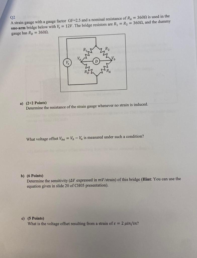 Solved Q2 A strain gauge with a gauge factor GF=2.5 and a | Chegg.com