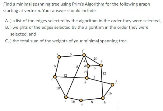 Find a minimal spanning tree using Prim's Algorithm | Chegg.com