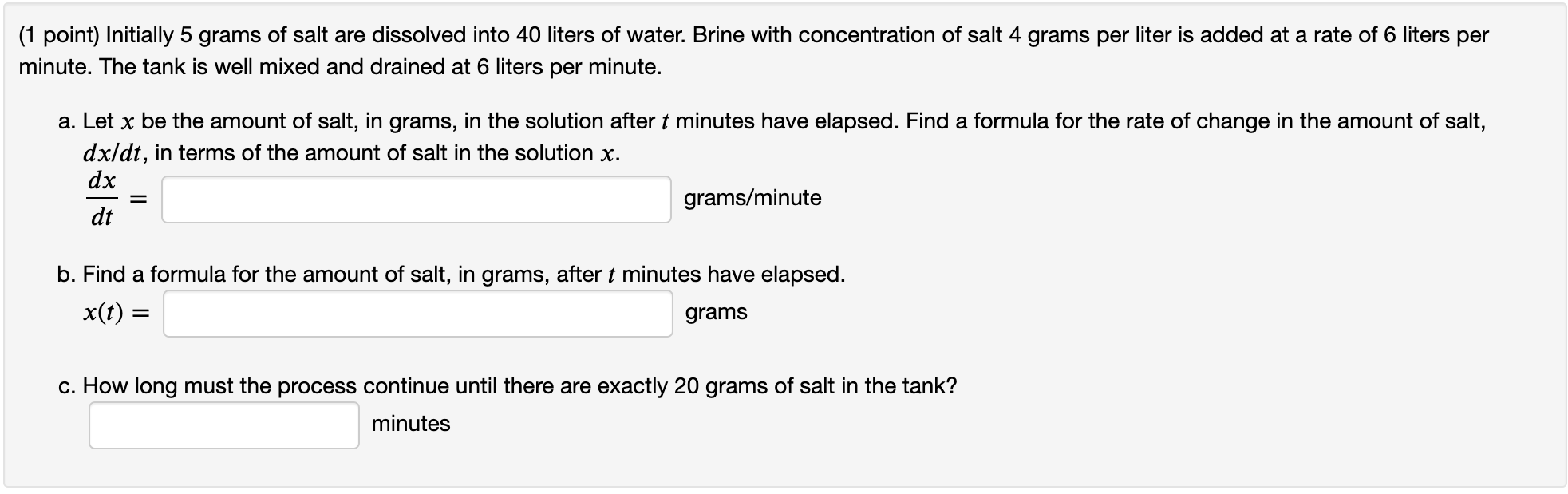 Solved ( 1 point) Initially 5 grams of salt are dissolved | Chegg.com
