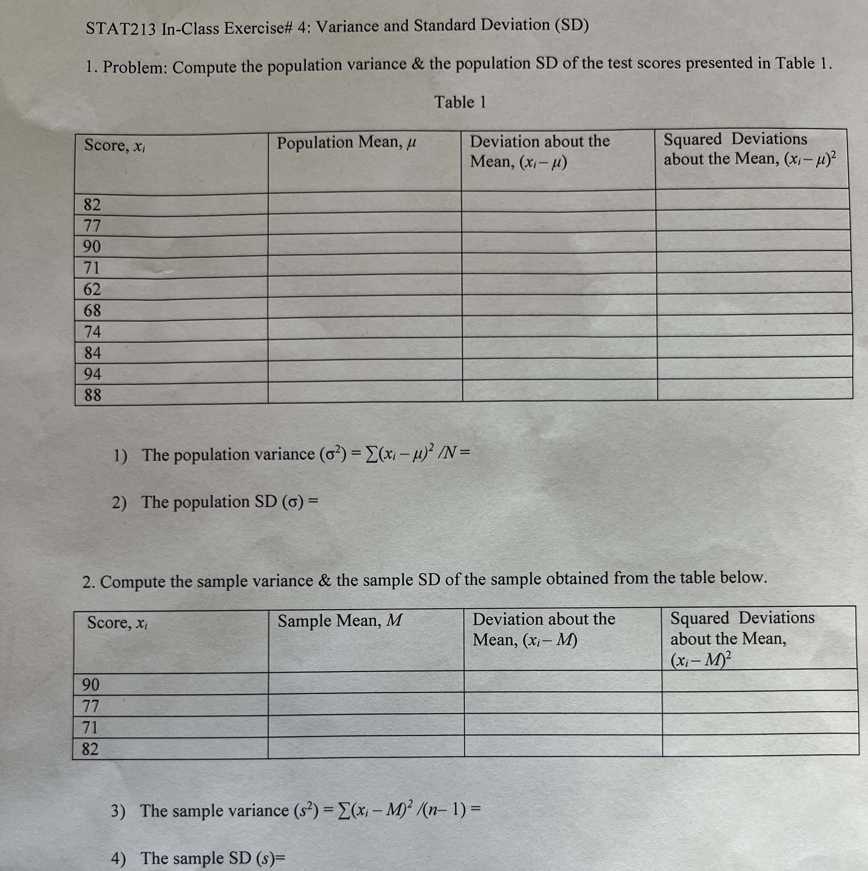 Solved STAT213 In-Class Exercise\# 4: Variance and Standard | Chegg.com