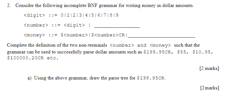 Solved 2. Consider the following incomplete BNF grammar for | Chegg.com