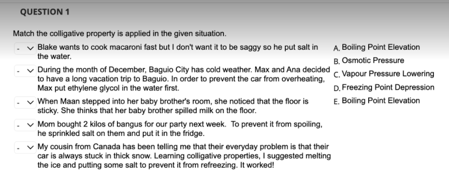 Solved QUESTION 1 Match the colligative property is applied | Chegg.com