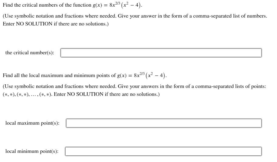 Solved Find the critical numbers of the function g(x) = 8x2} | Chegg.com