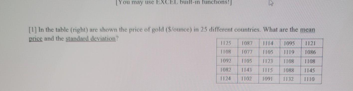 Solved [You may use EXCEL built-in functions! [1] In the | Chegg.com