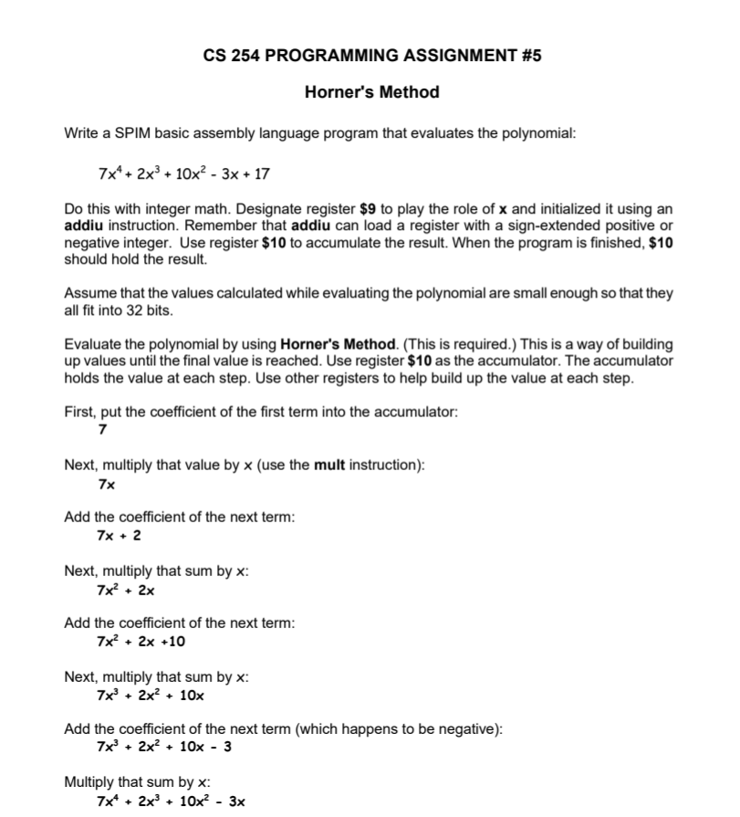 CS 254 PROGRAMMING ASSIGNMENT #5 Horner's Method | Chegg.com