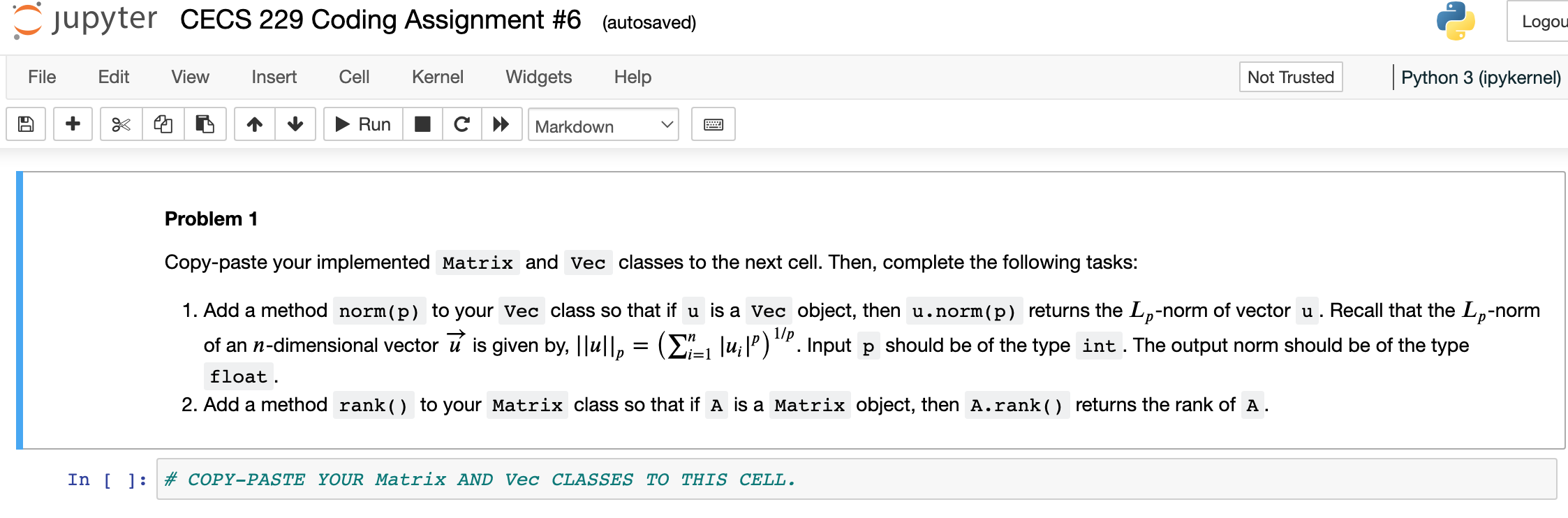 Jupyter CECS 229 Coding Assignment #6 (autosaved) | Chegg.com