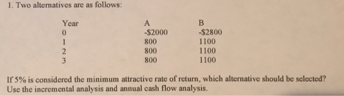 Solved 1. Two alternatives are as follows: Year -$2000 800 | Chegg.com