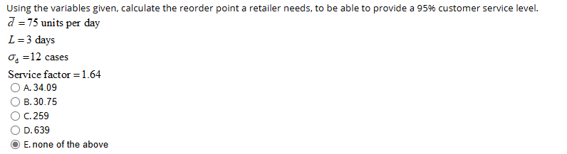 Solved Using the variables given, calculate the reorder | Chegg.com