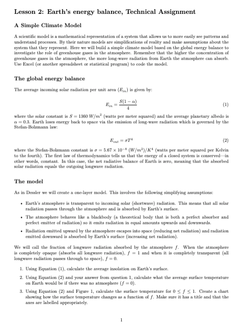 Lesson 2: Earth's energy balance, Technical | Chegg.com