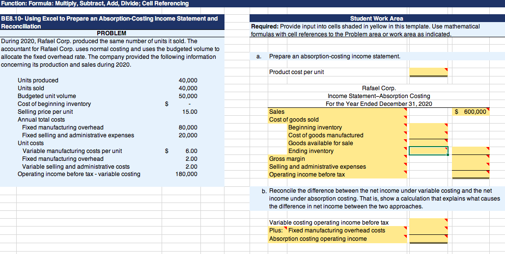 Solved Function: Formula: Multiply, Subtract, Add, Divide; | Chegg.com