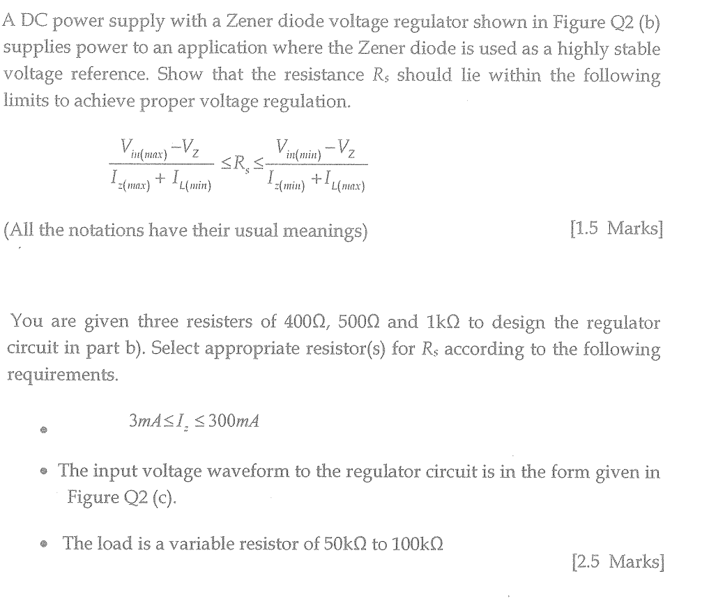 Solved A DC power supply with a Zener diode voltage | Chegg.com