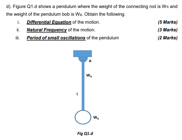 Solved d). Figure Q1.d shows a pendulum where the weight of | Chegg.com