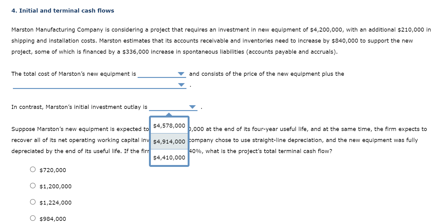 Solved 4. Initial and terminal cash flows Marston | Chegg.com