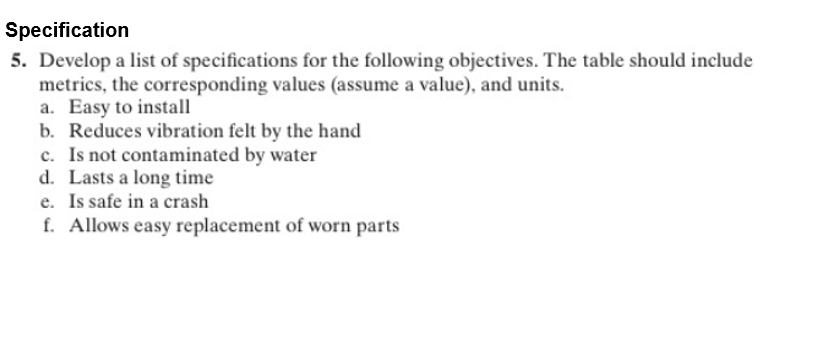 Solved Specification 5. Develop a list of specifications for | Chegg.com