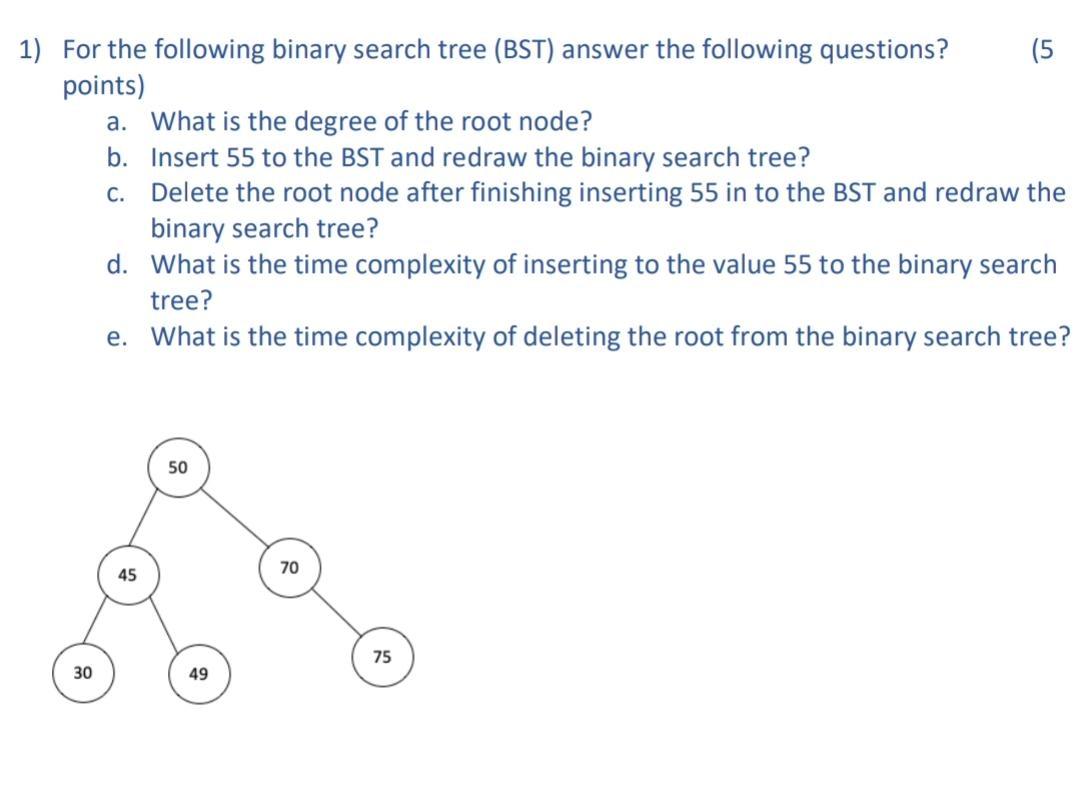 Solved 1) For the following binary search tree (BST) answer | Chegg.com