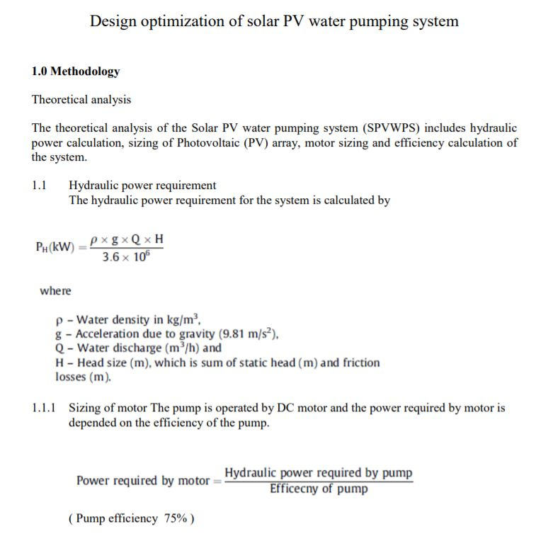 Design optimization of solar PV water pumping system | Chegg.com