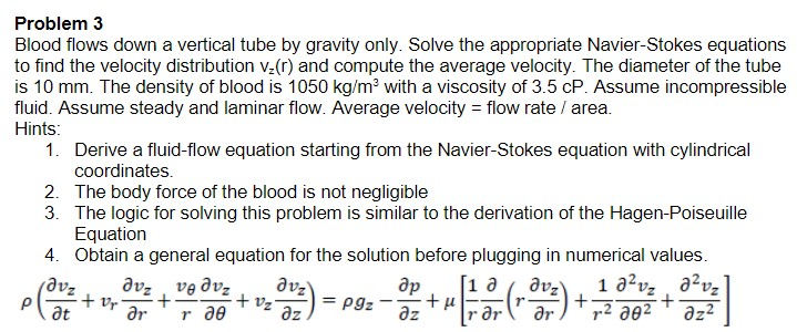 Problem 3 Blood flows down a vertical tube by gravity | Chegg.com