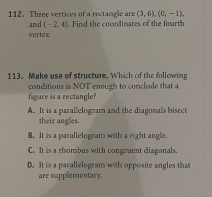 Solved 112. Three vertices of a rectangle are (3,6),(0,−1), | Chegg.com