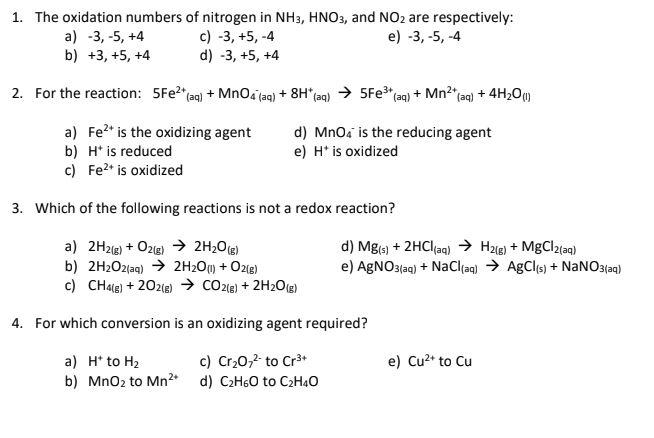 Solved 1. The oxidation numbers of nitrogen in NH3, HNO3, | Chegg.com