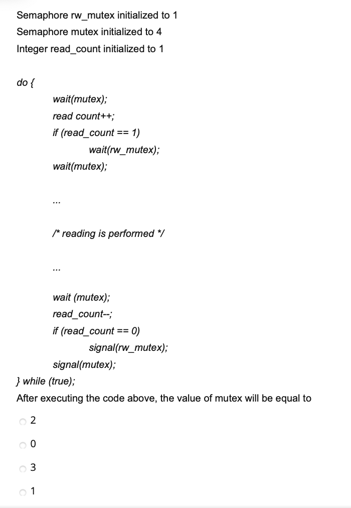 Solved Semaphore rw_mutex initialized to 1 Semaphore mutex | Chegg.com