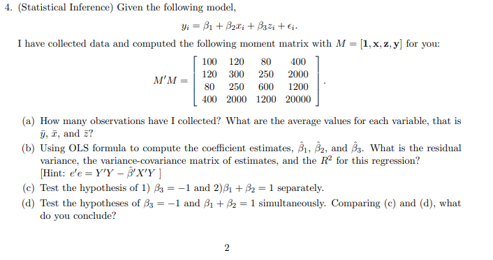 Solved 4. (Statistical Inference) Given the following model, | Chegg.com