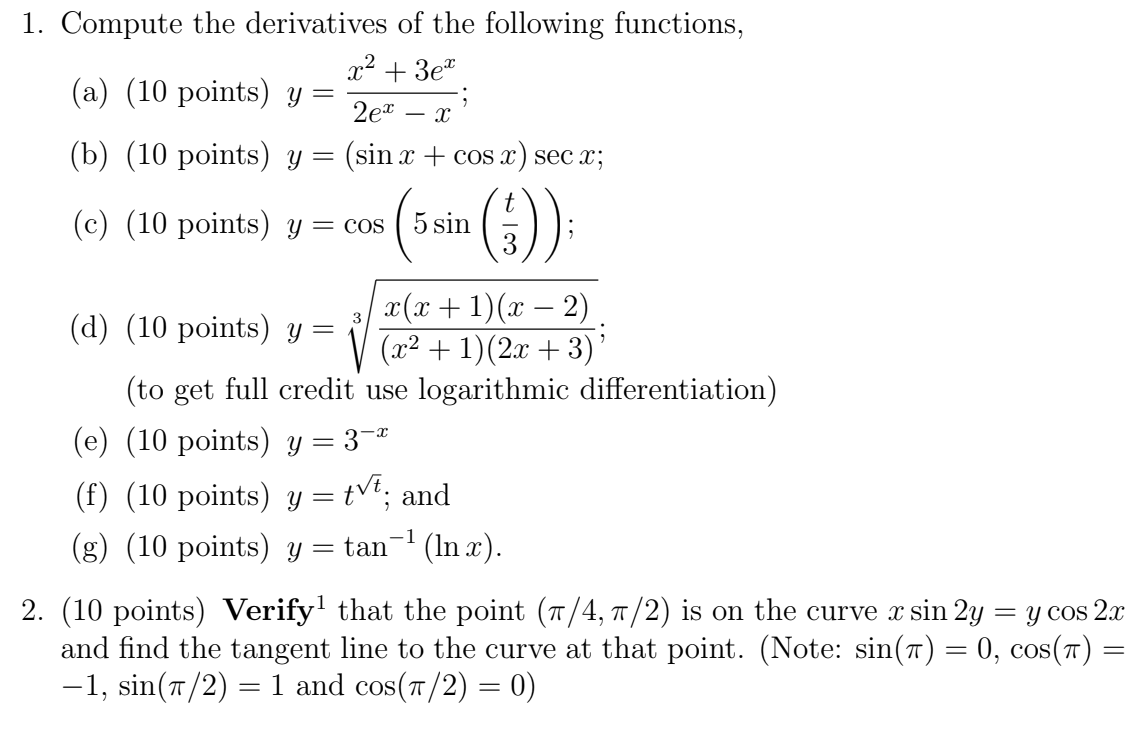 Solved 1. Compute the derivatives of the following | Chegg.com