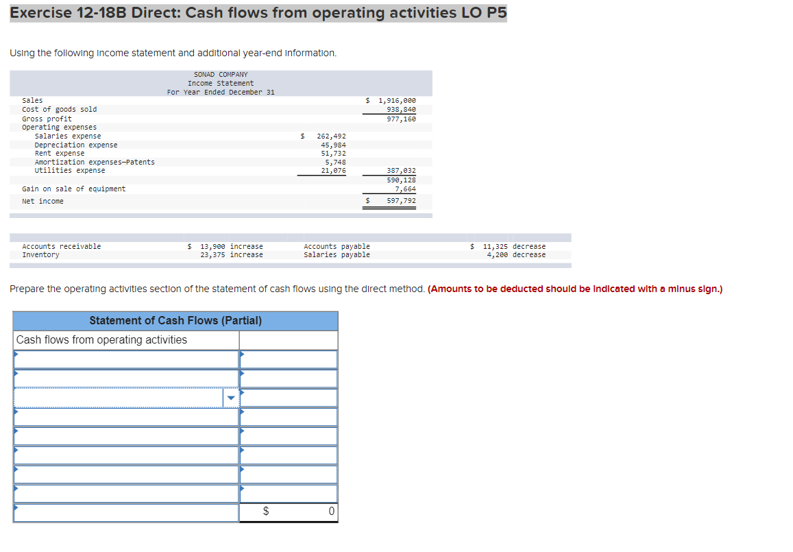 Solved Exercise 12-18B Direct: Cash flows from operating | Chegg.com