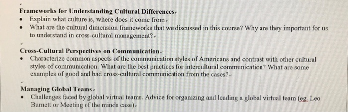 Solved Frameworks for Understanding Cultural Differences- | Chegg.com