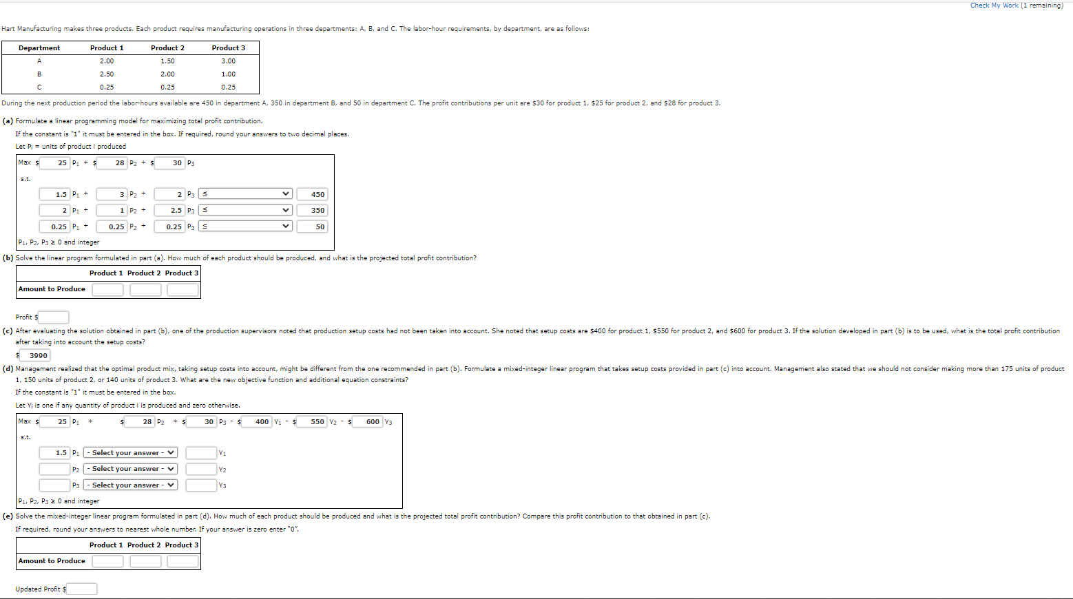Solved Check My Work (1 remaining) (a) Formulate a linear | Chegg.com