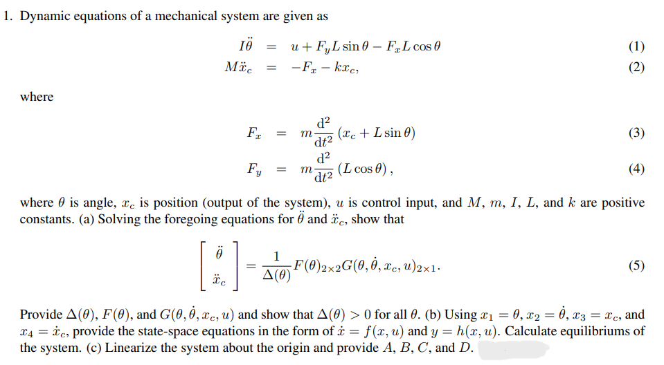 Solved 1. Dynamic equations of a mechanical system are given | Chegg.com