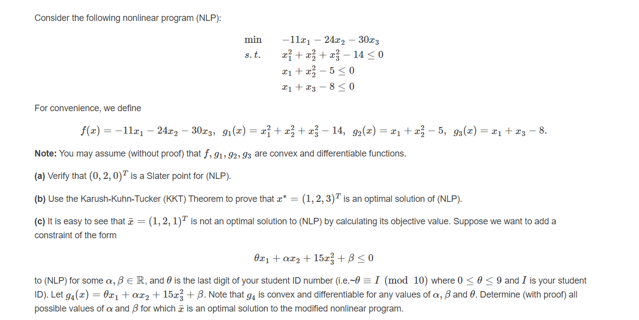 Consider The Following Nonlinear Program Nlp Min 