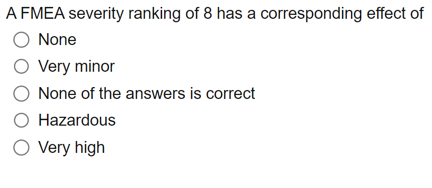 Solved A FMEA severity ranking of 8 has a corresponding | Chegg.com