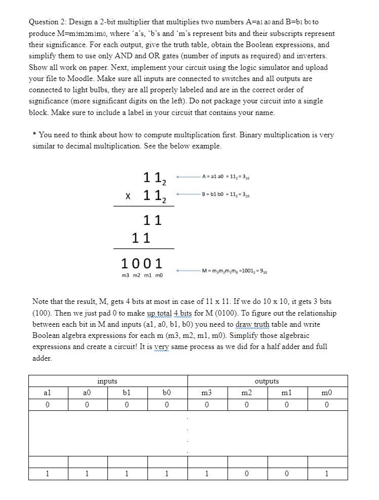 Solved Question 2: Design a 2-bit multiplier that multiplies | Chegg.com