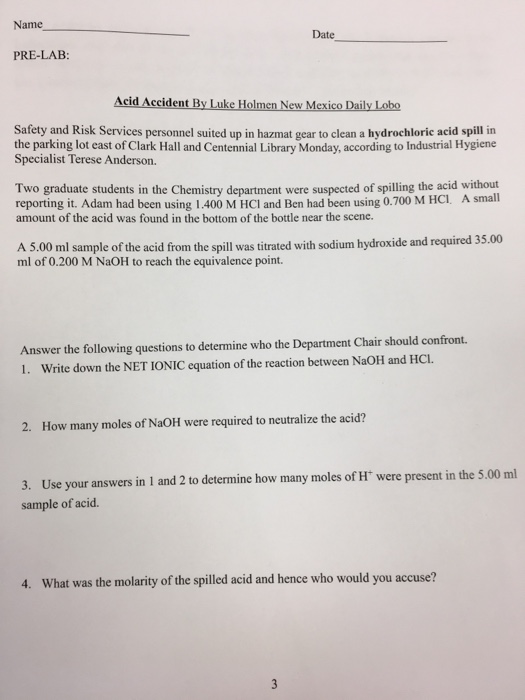 Solved Name Date PRE-LAB: cid Accident B uke Holmen New | Chegg.com