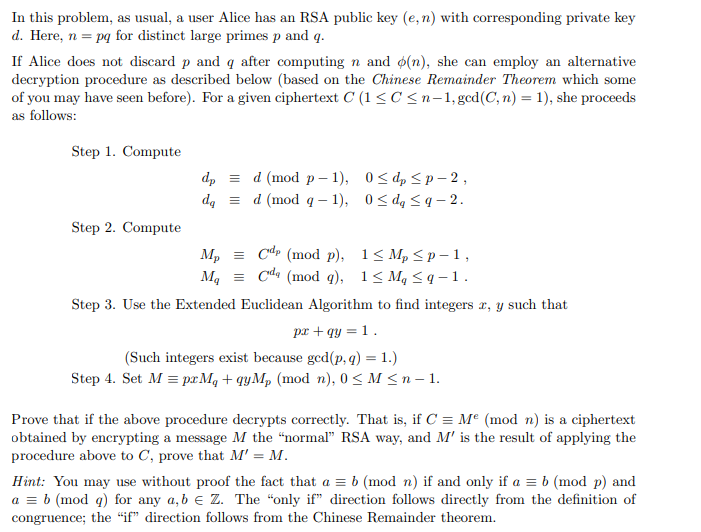 Solved In this problem, as usual, a user Alice has an RSA | Chegg.com