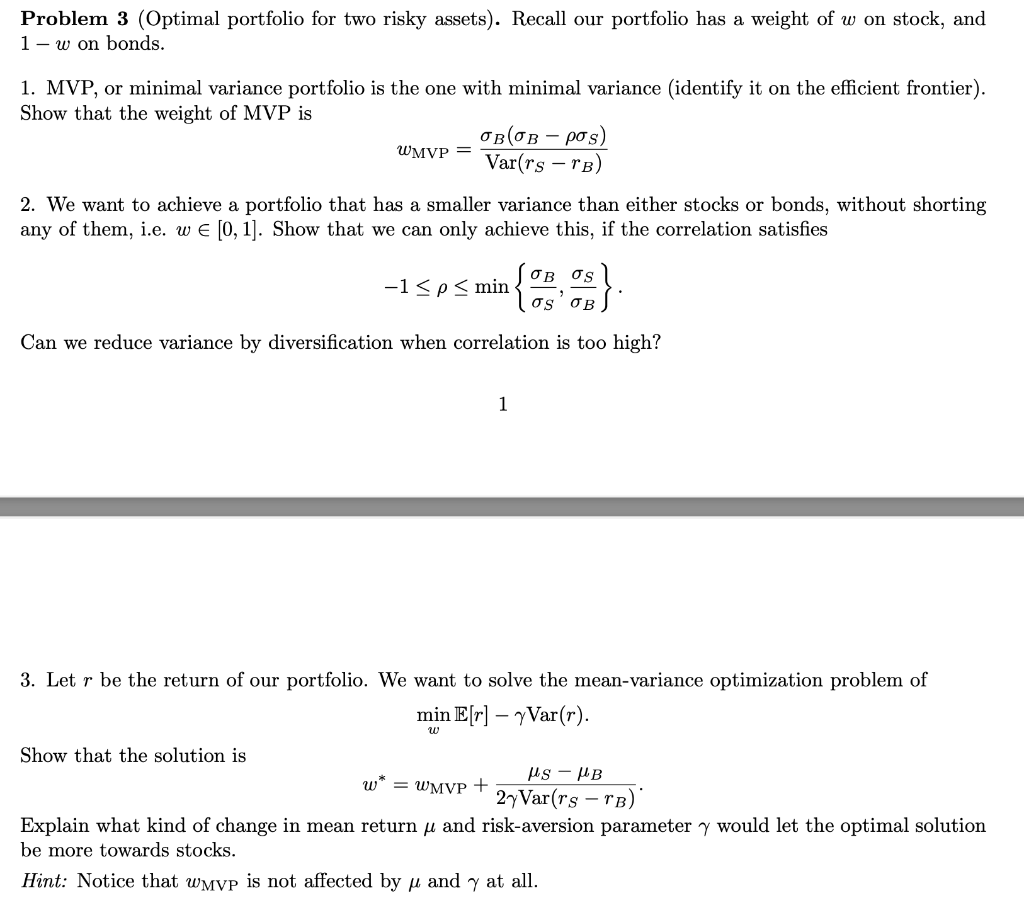 Problem 3 (Optimal portfolio for two risky assets). | Chegg.com