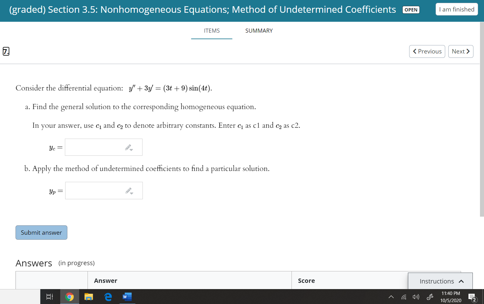 Solved (graded) Section 3.5: Nonhomogeneous Equations; | Chegg.com