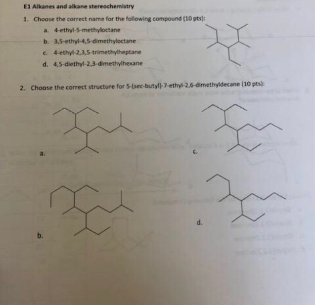 Solved E1 Alkanes and alkane stereochemistry 1. Choose the | Chegg.com