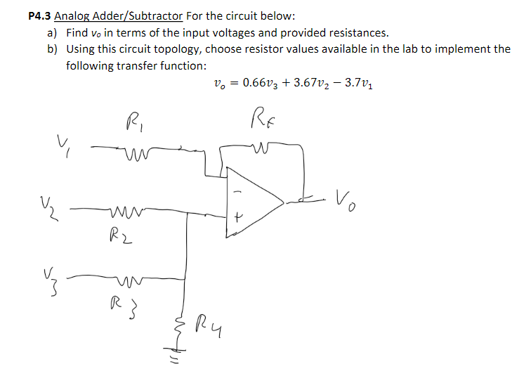 Solved P4.3 Analog Adder/Subtractor For the circuit below: | Chegg.com