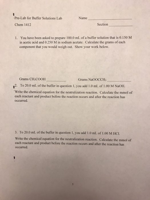 Solved Pre-Lab for Buffer Solutions Lab Name Chem 1412 | Chegg.com
