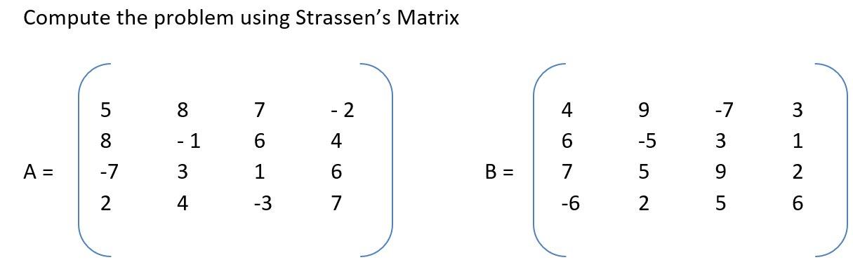 Solved Compute the problem using Strassen's Matrix 5 8 7 - 2 | Chegg.com