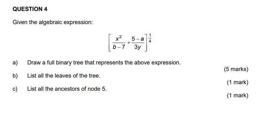Solved QUESTION 4 Given the algebraic expression: x2 5-a + | Chegg.com