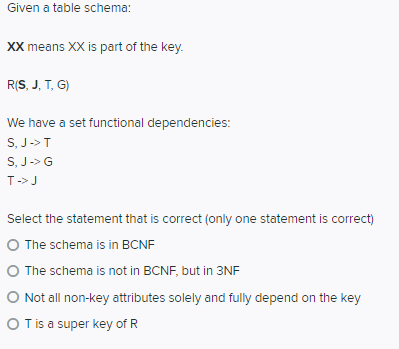 Solved Given a table schema: XX means XX is part of the key. | Chegg.com