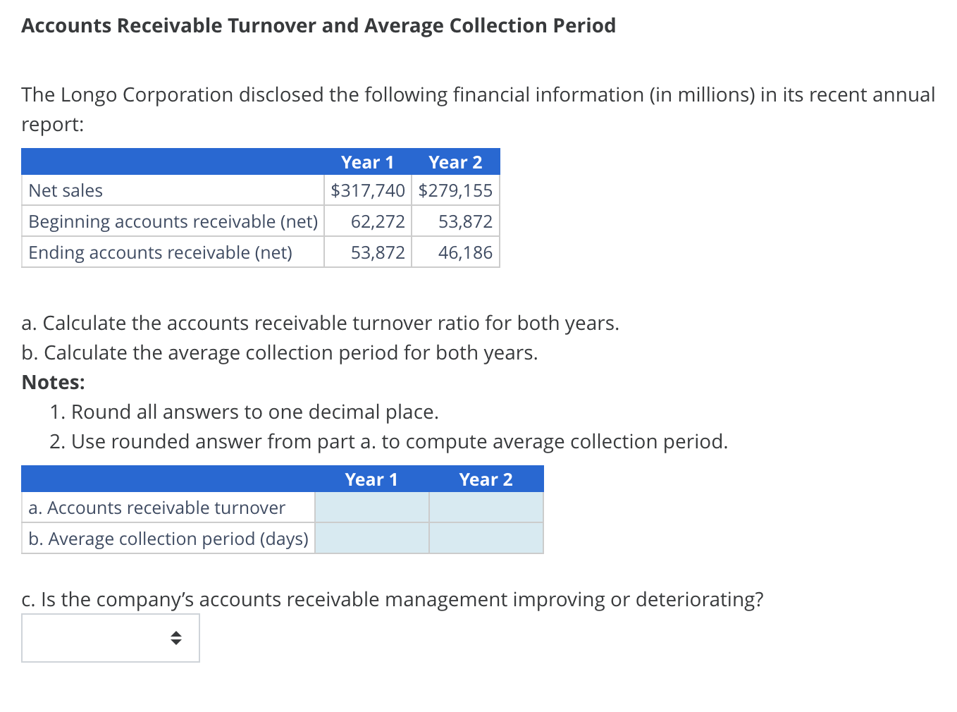 Solved Accounts Receivable Turnover and Average Collection | Chegg.com