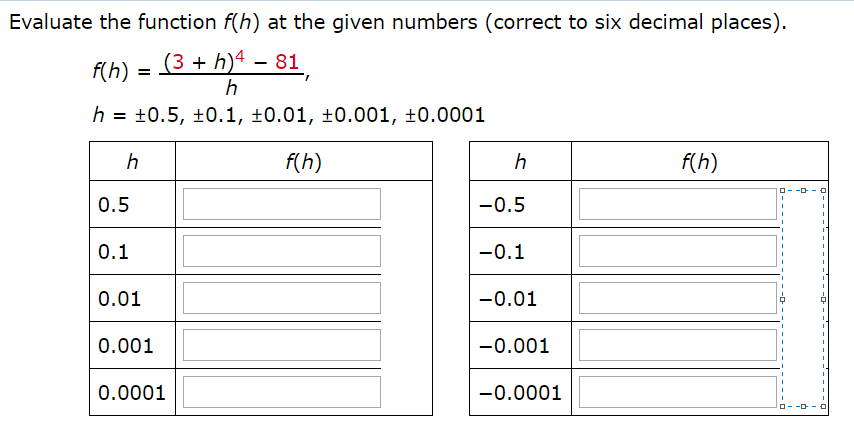 Solved Evaluate the function f(h) at the given numbers | Chegg.com
