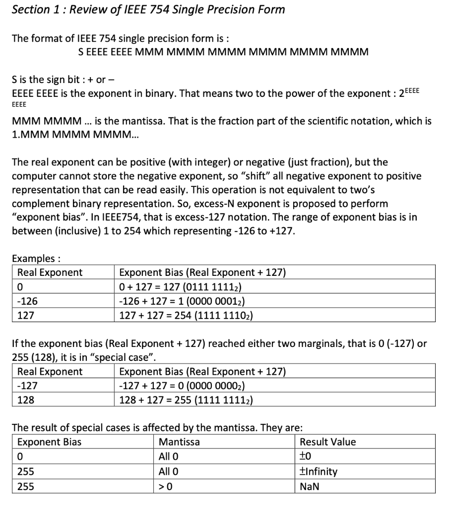 Section 1: Review of IEEE 754 Single Precision Form | Chegg.com