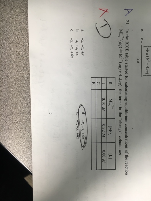 Solved -b ± (b 2-4ac)) c.x= 2a 21. In the RICE table started | Chegg.com